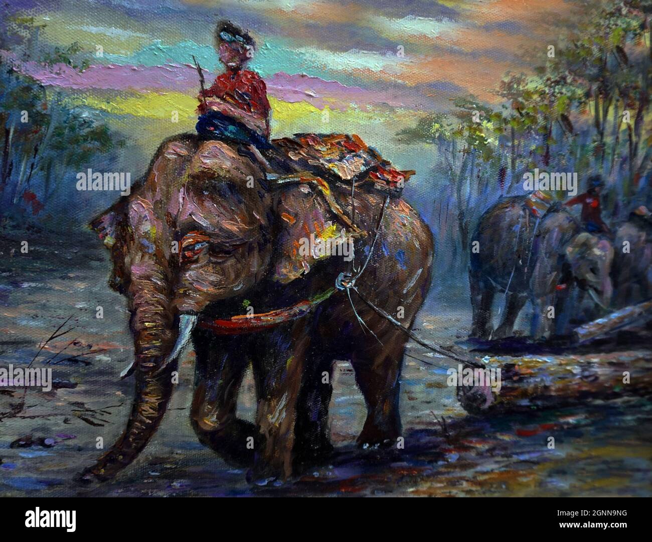 Art painting Oil color elephant hauling logs thailand , nature ...