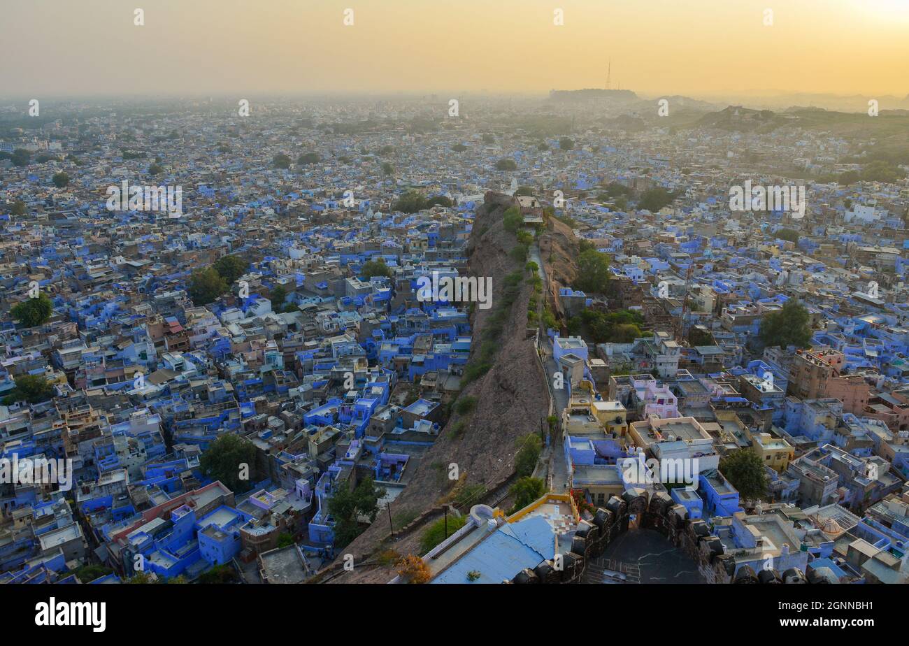 Aerial view of Blue City of Jodhpur, India. According to Hindu legend, blue is the sacred color ...