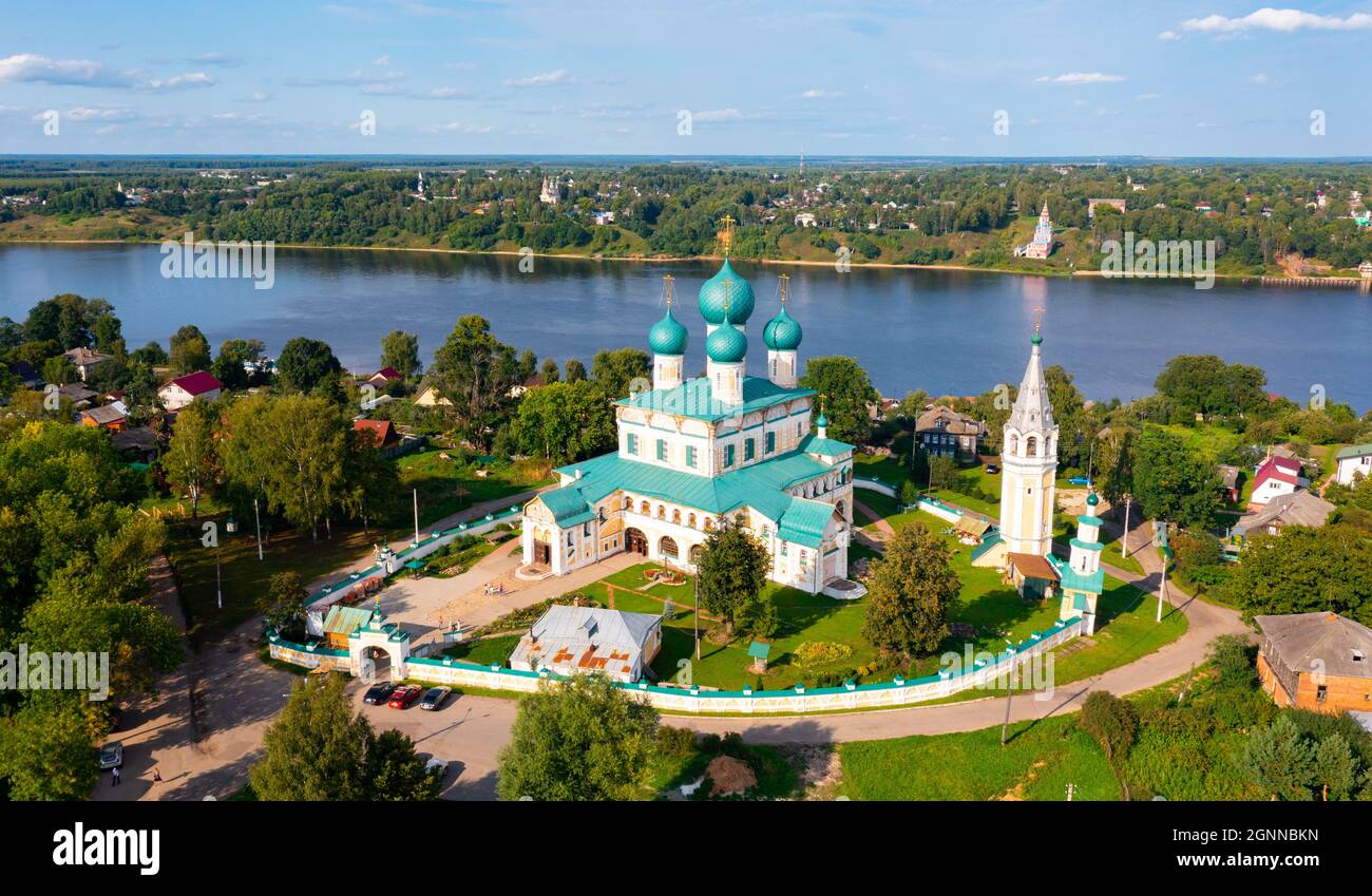 Aerial view of Resurrection Cathedral in Tutayev and Volga river in ...