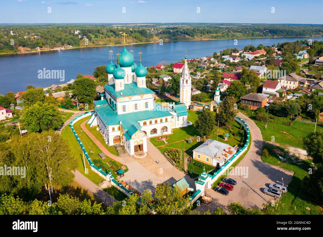 Aerial view of Resurrection Cathedral in Tutayev and Volga river in ...