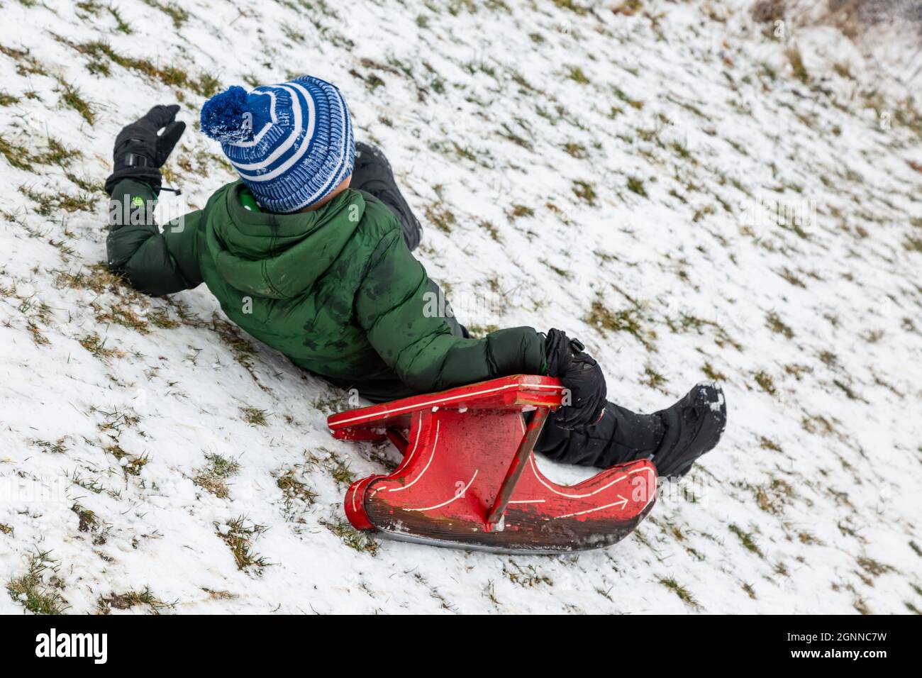 A boy falls from a jack jumper single runner sled as he slides down ...