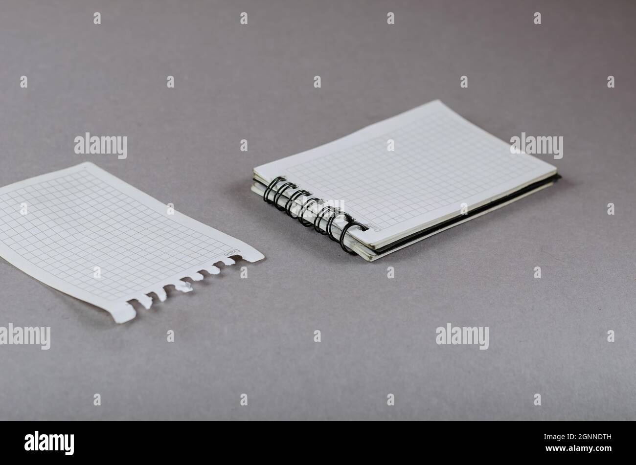 Spring-loaded notebook and a ripped-out piece of paper on a gray Stock ...