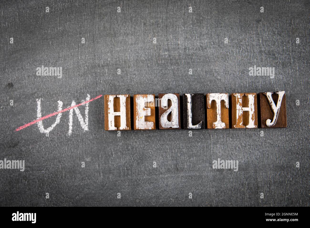 Unhealthy an Healthy concept. Wooden alphabet letters with text on a ...