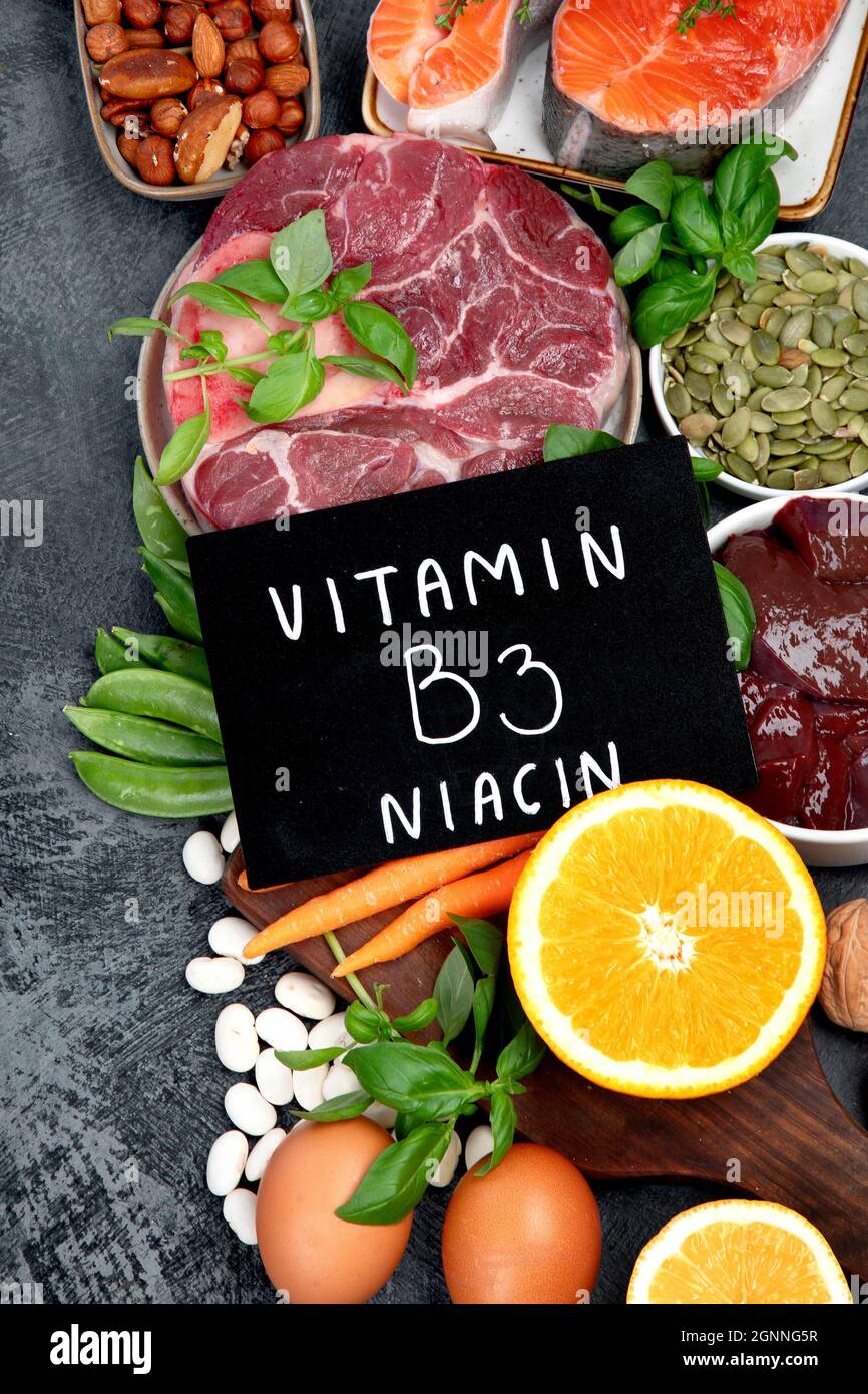 Food high in vitamin B3 on dark background. Healthy diet concept. Top ...