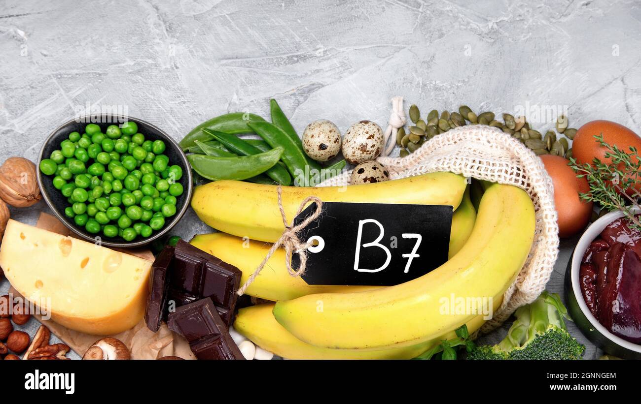 Food high in vitamin B7 on dark background. Healthy diet concept. Top ...