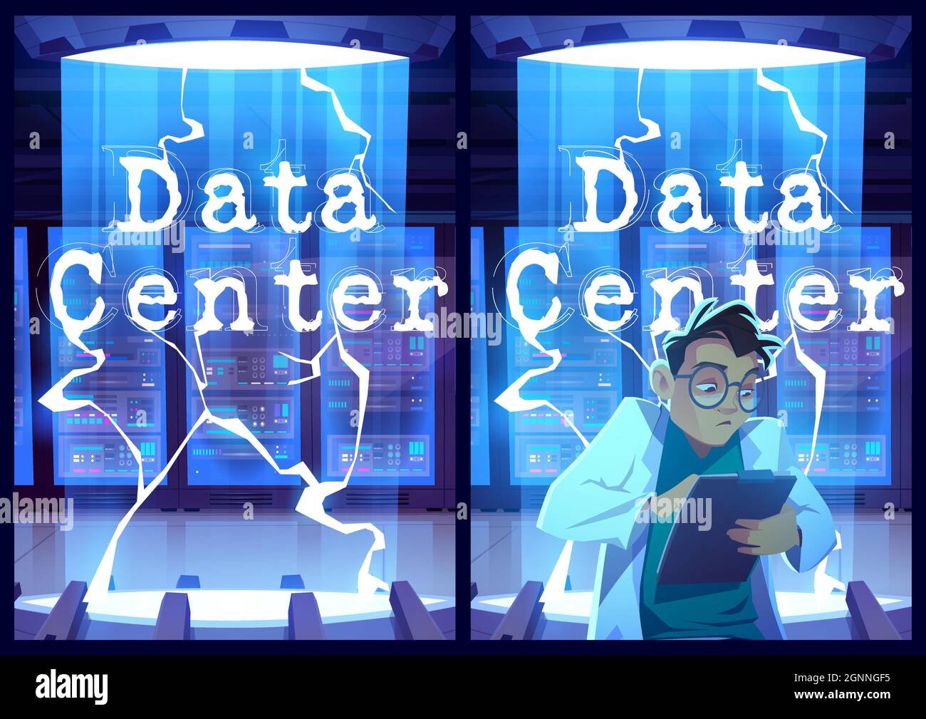 Data center posters with man engineer in room with server hardware ...