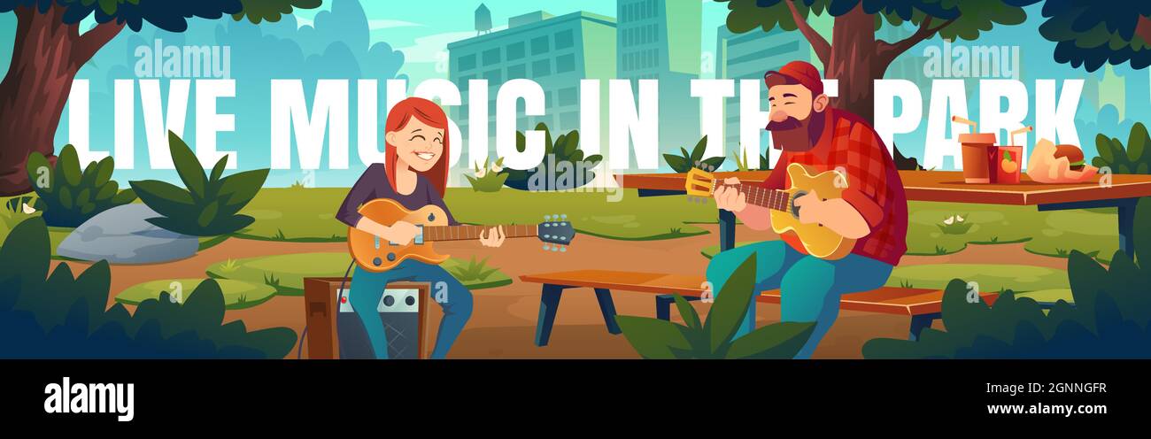 Artists play live music in park cartoon banner. Singers man and woman ...