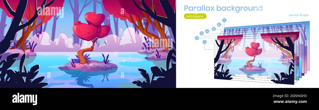 Fantasy tree with hearts shape crown in forest pond. Vector parallax ...