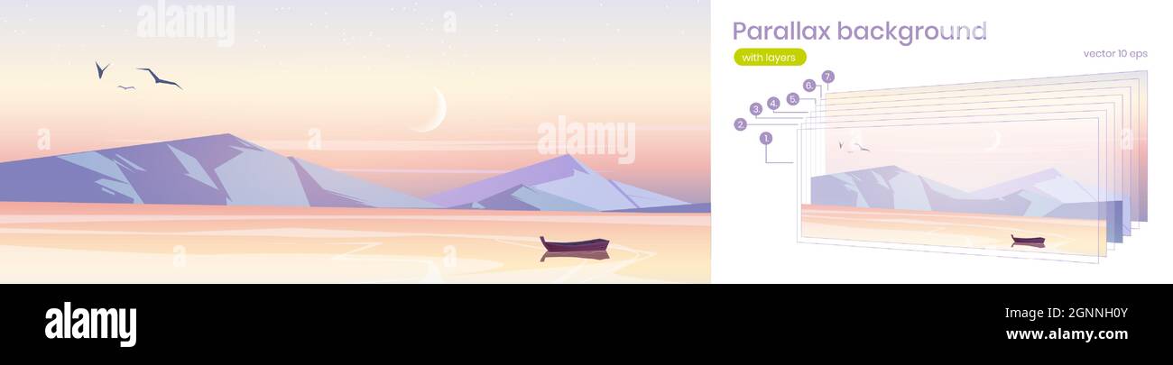 Parallax background, sunrise in ocean with boat 2d nature landscape ...