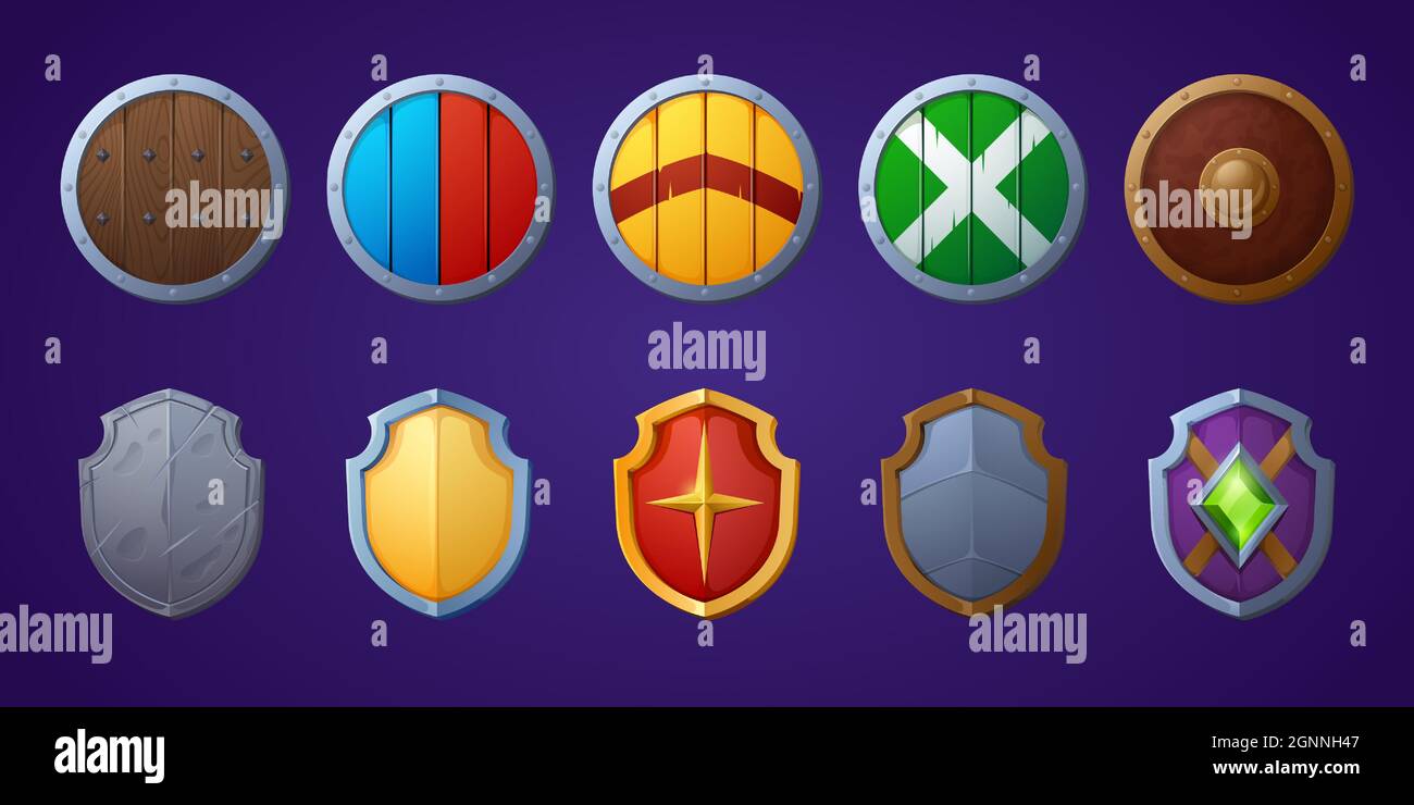 Set of game shields, cartoon fantasy medieval armor of metal and wood ...