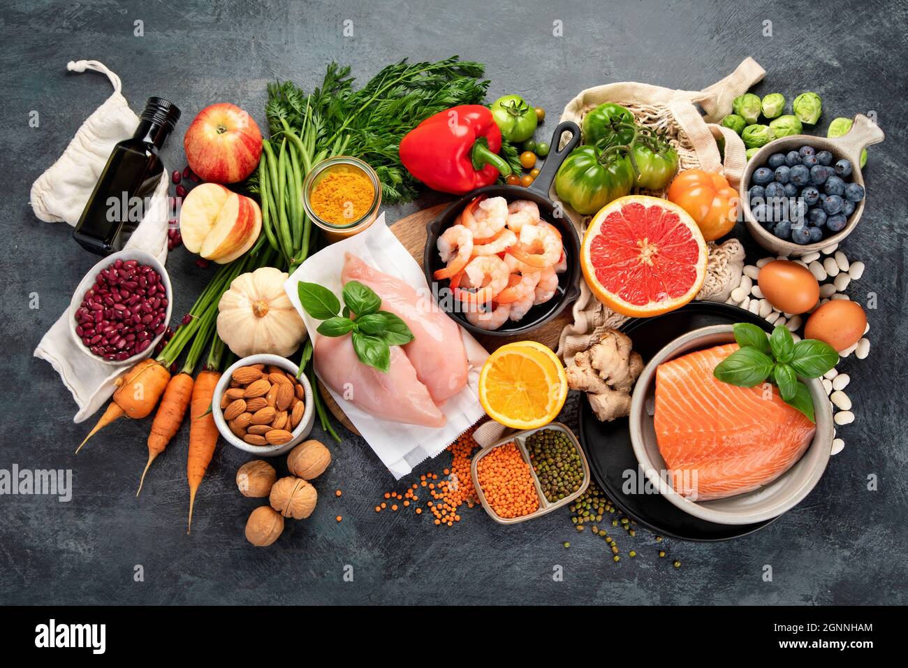 Healthy food assortment on dark background. Top view, flat lay Stock ...