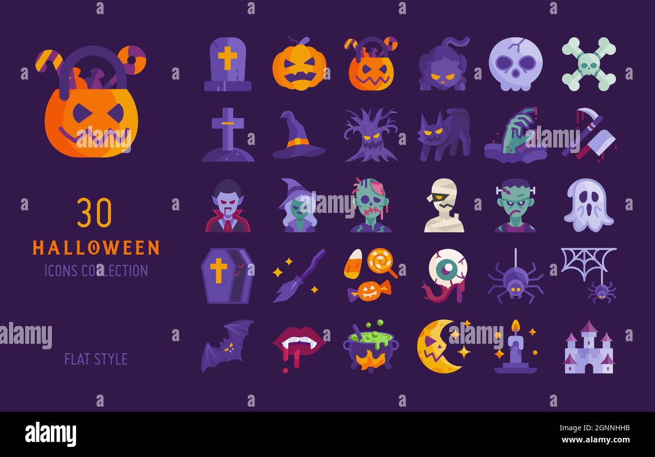 halloween icon flat design vector set. Spooky and horror scary concept ...