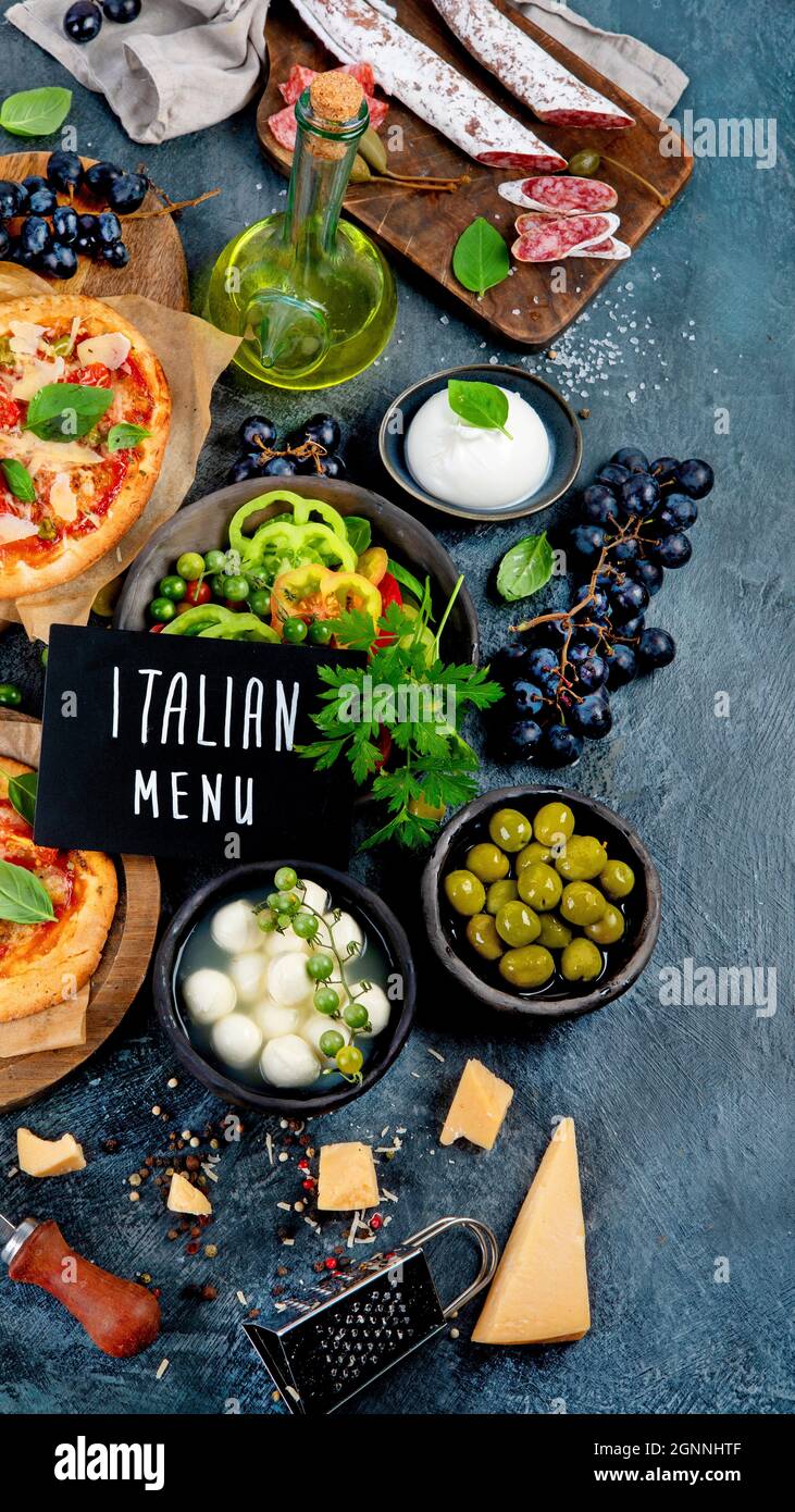 Italian food assortment on dark background. Traditional food concept ...