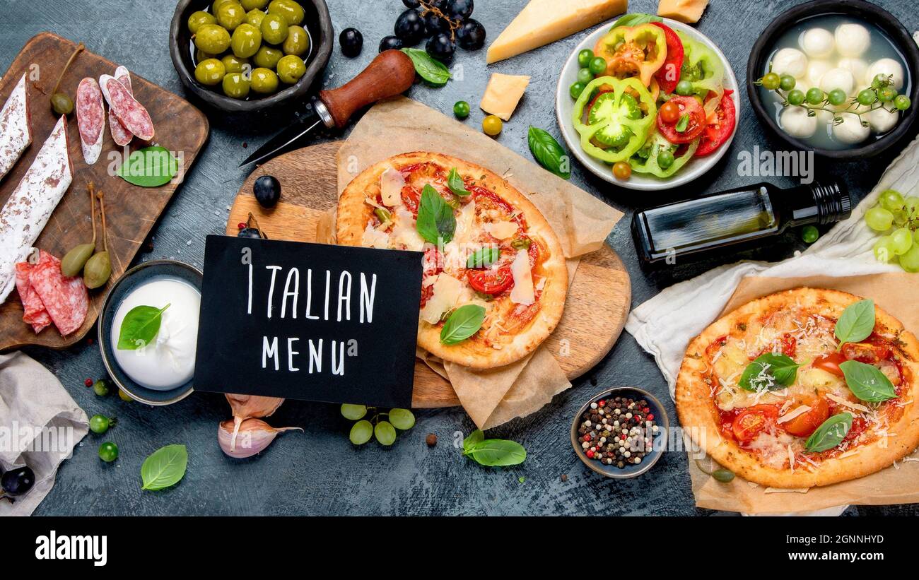Italian food assortment on dark background. Traditional food concept ...