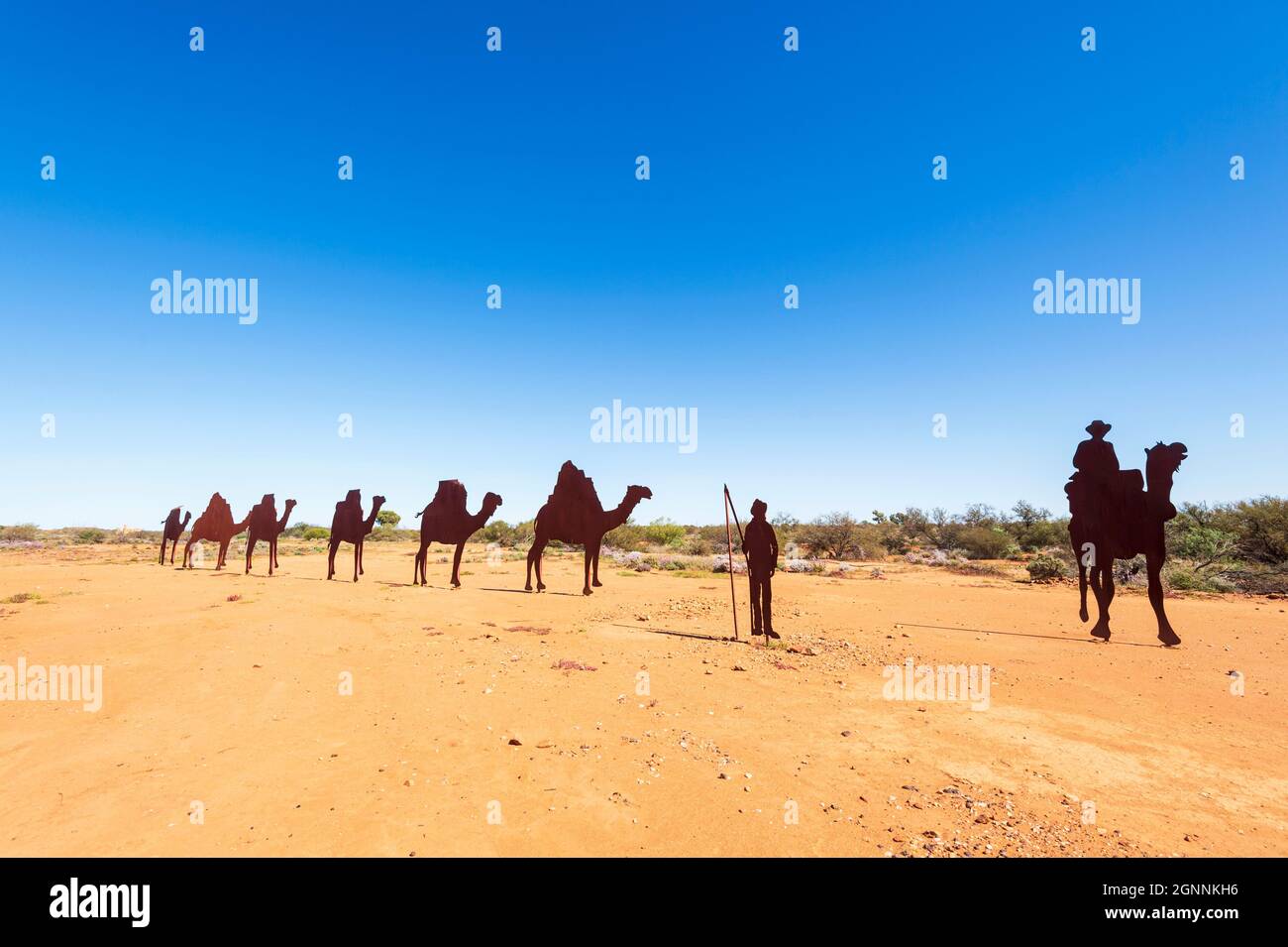 Metal statues of a camel train to commemorate Alfred Canning surveying ...