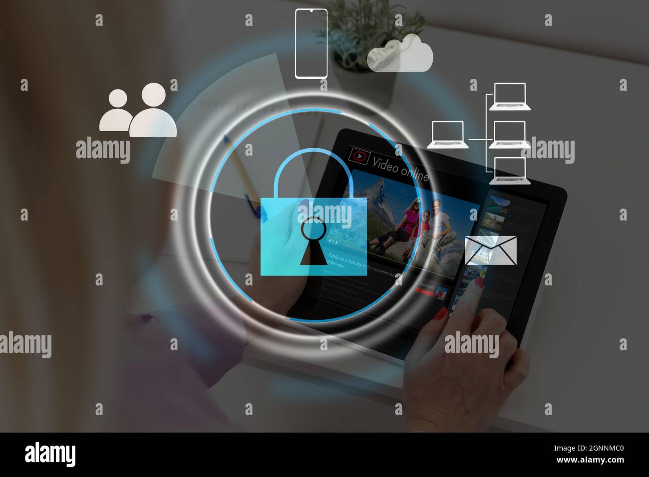 Creative lock illustration with microcircuit and modern digital tablet ...