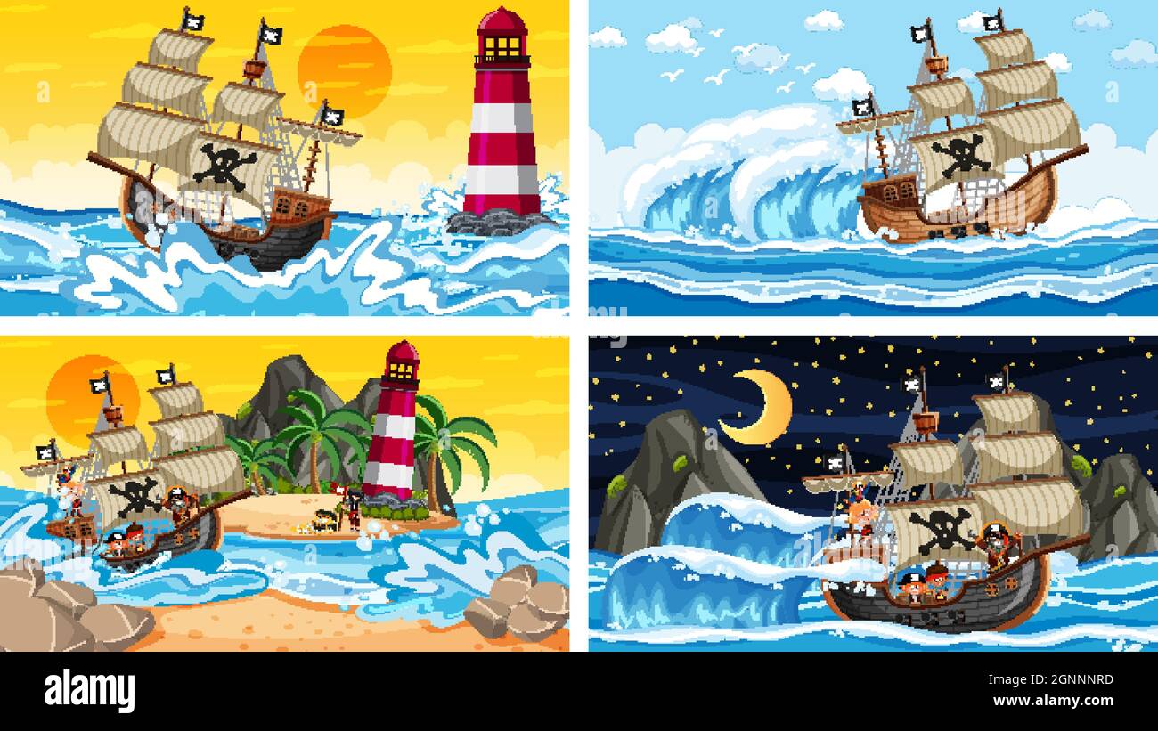Set of different beach scenes with pirate ship illustration Stock ...