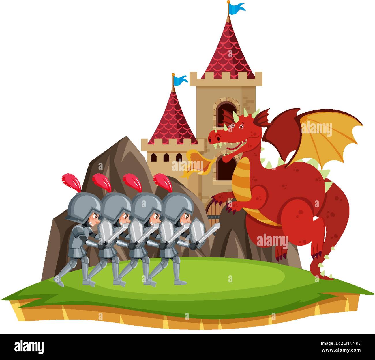 Knights fight with dragon at the castle illustration Stock Vector Image ...