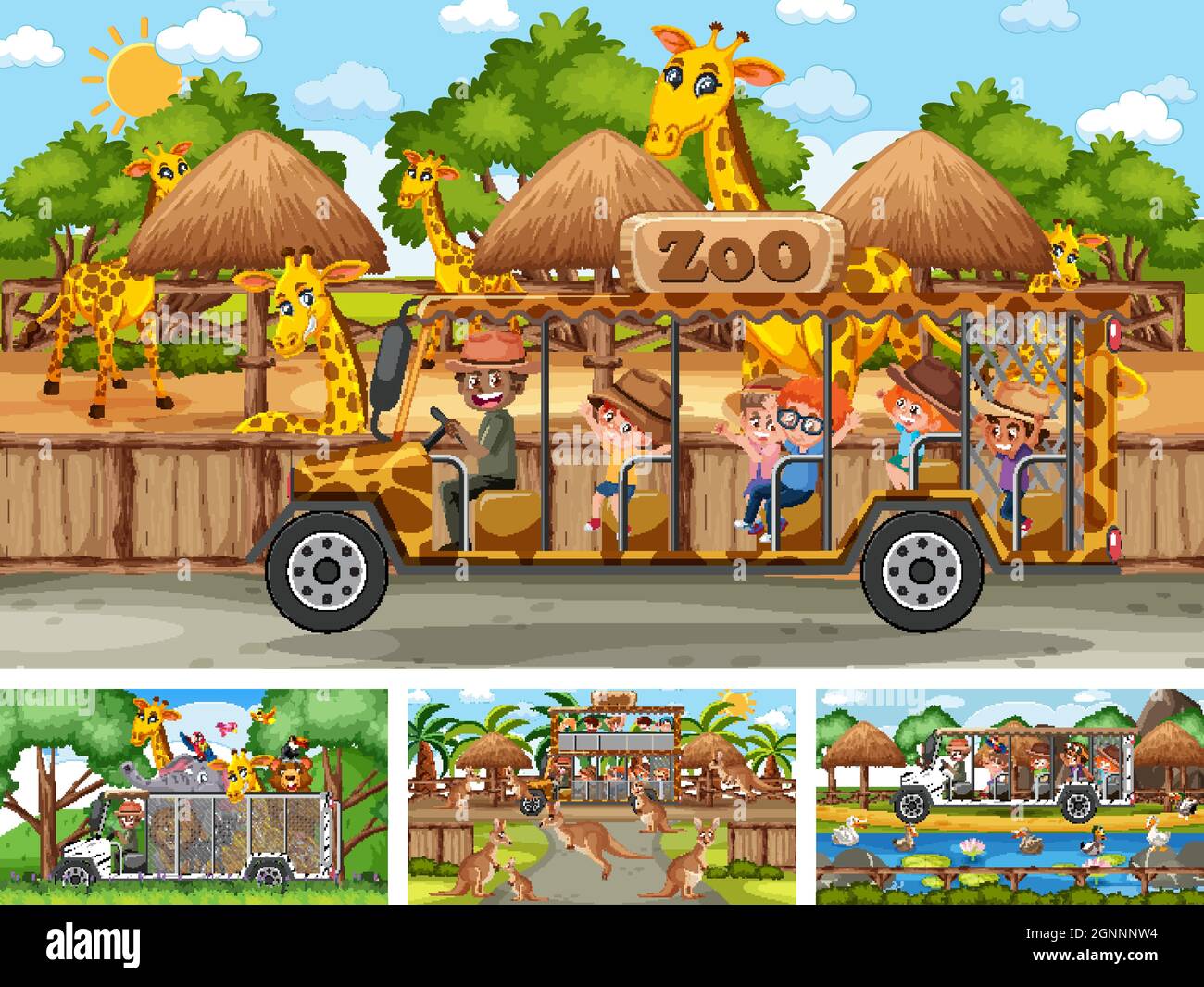 Four different zoo scenes with kids and animals illustration Stock ...