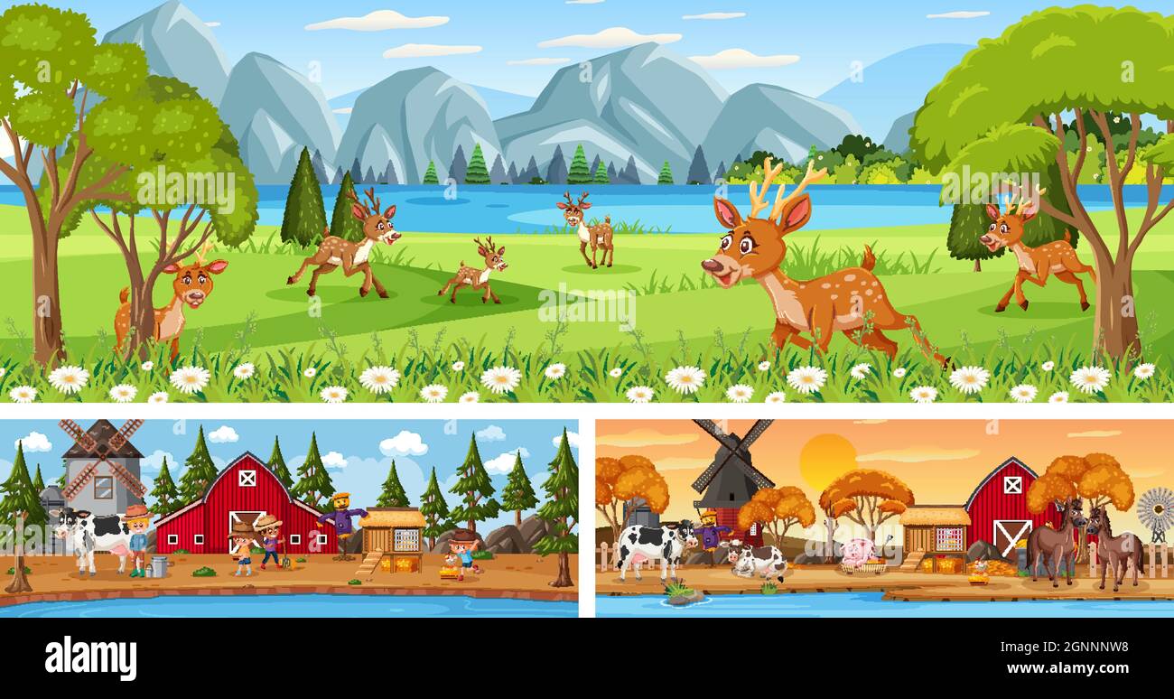 Set of outdoor panoramic landscape with cartoon character illustration ...