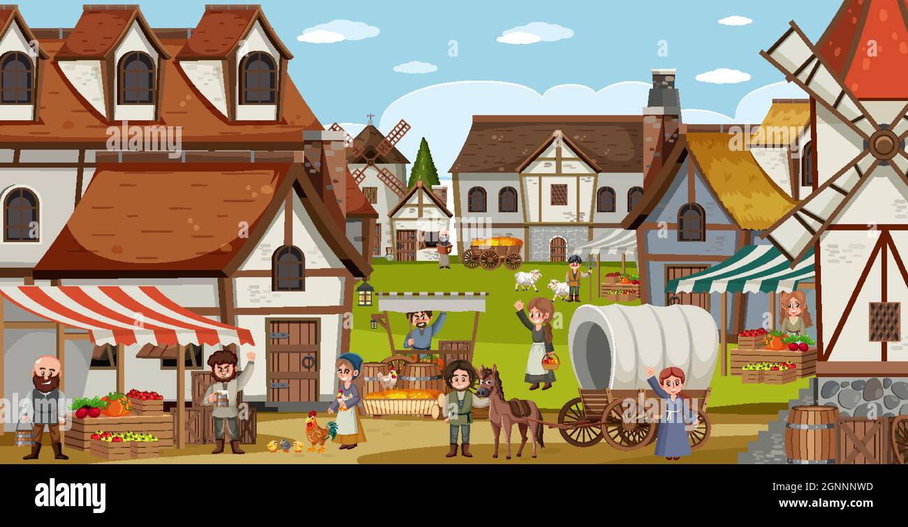 Medieval town scene with villagers illustration Stock Vector Image ...