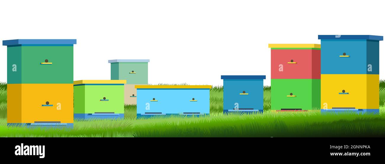 Apiary. Rural farm landscape with colorful bee hives. Lower bottom ...