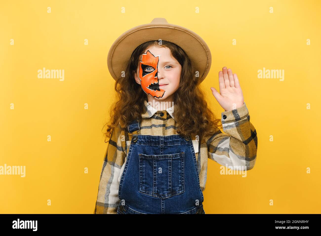 Portrait of scary bright alive fun girl child with halloween makeup ...