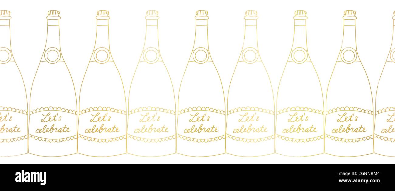 Golden Champagne bottles seamless vector border line art. Hand drawn ...