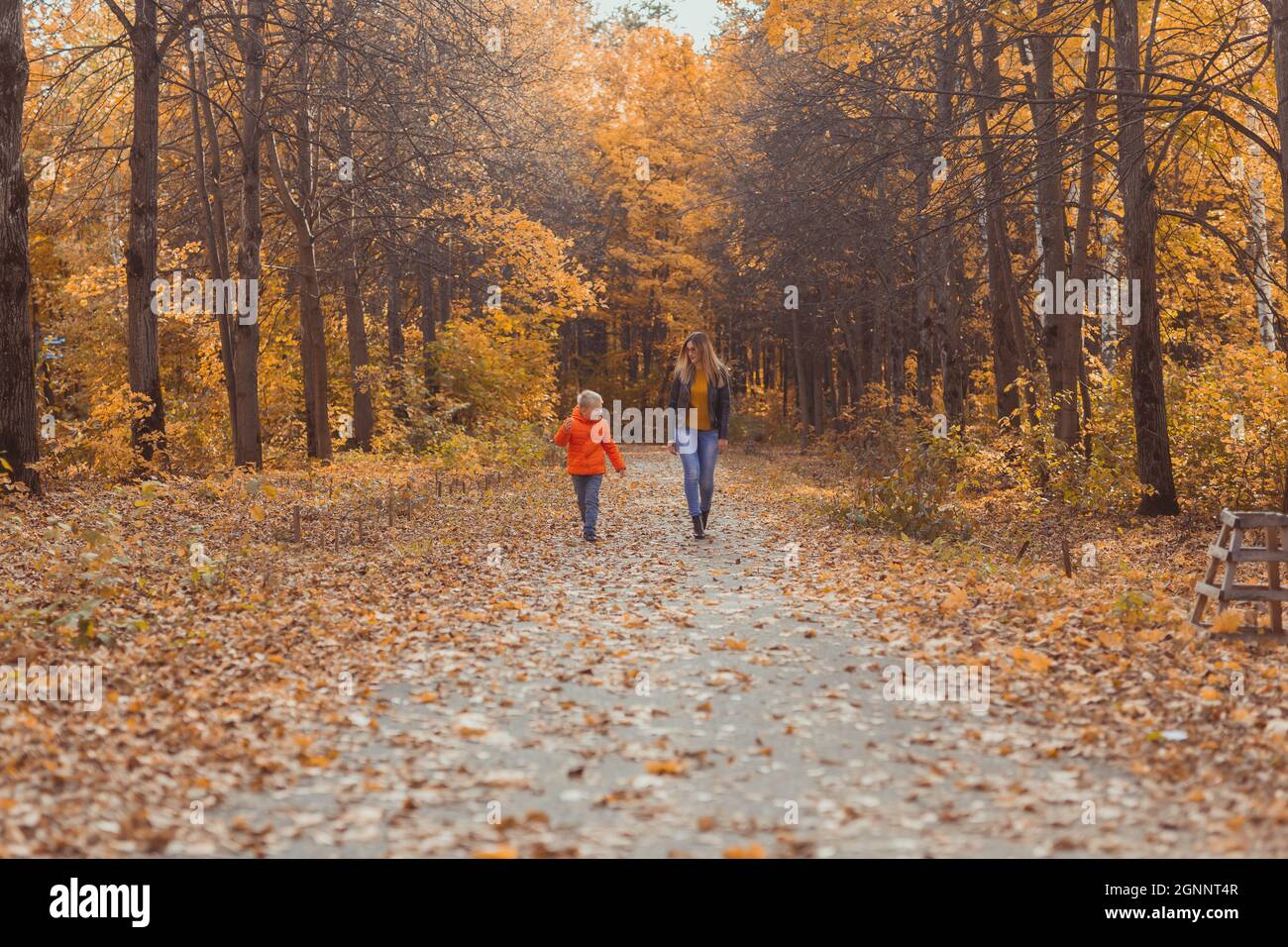 Mother and son walking in the fall park and enjoying the beautiful ...