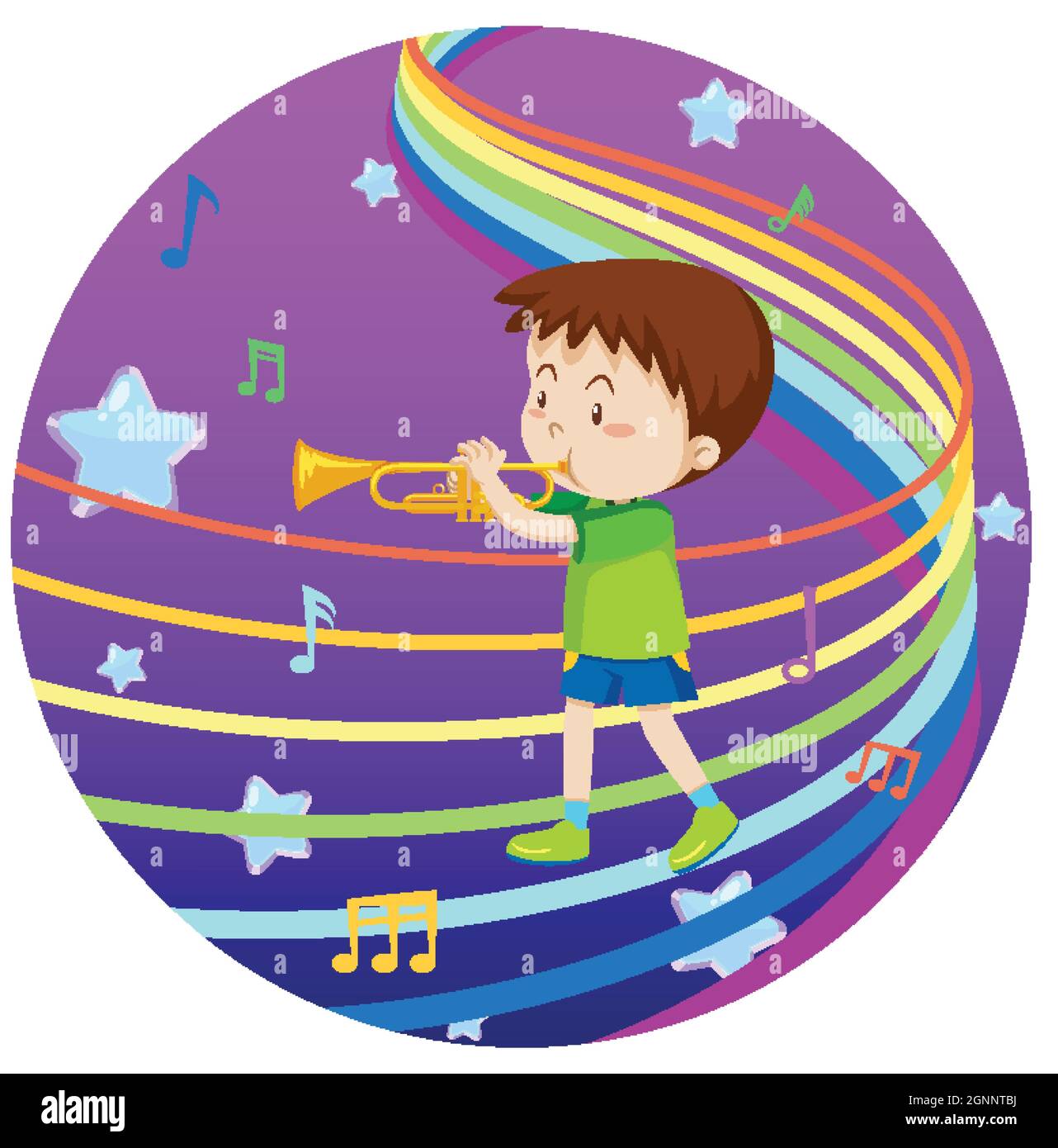 Happy boy playing trumpet with rainbow melody on blue and purple ...