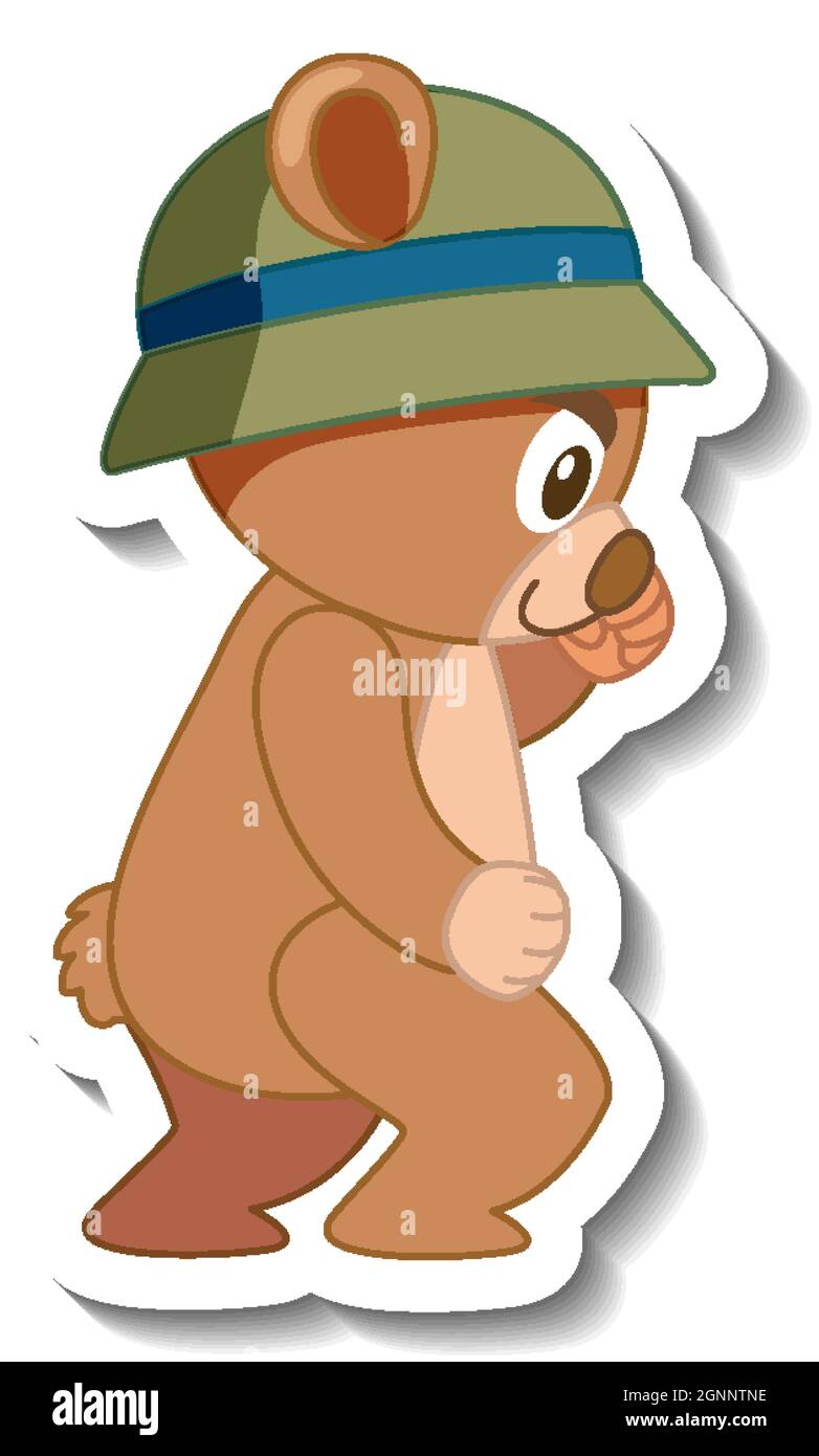 Cute bear cartoon wearing hat sticker side view illustration Stock ...