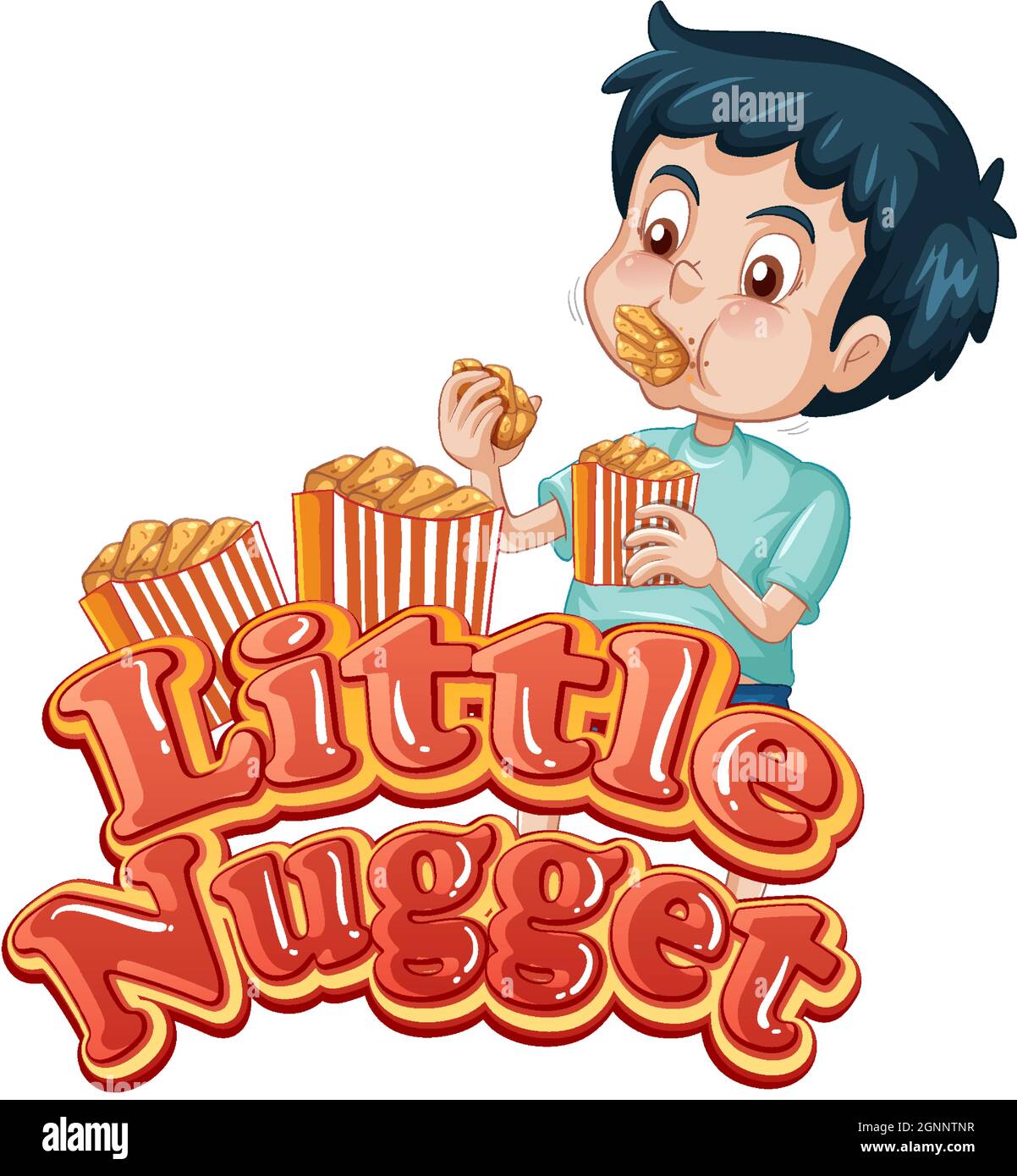 Little Nugget logo text design with a boy eating chicken nuggets ...