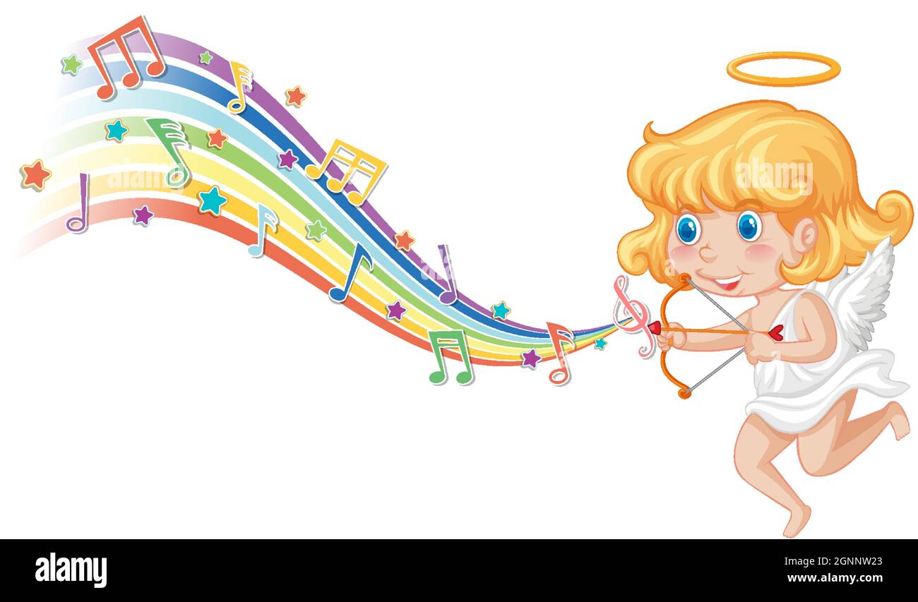 Cupid girl holding bow and arrow with melody symbols on rainbow ...
