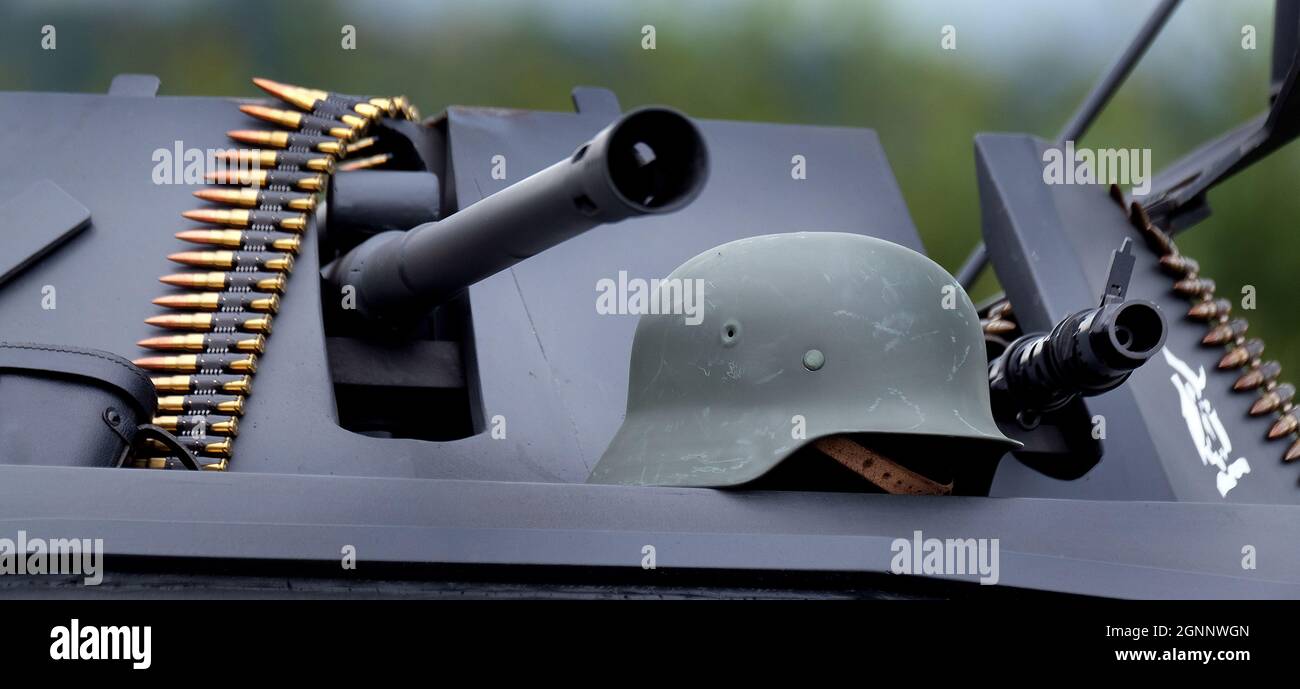 Belt of machine gun ammunition ready to feed to weapon Stock Photo - Alamy