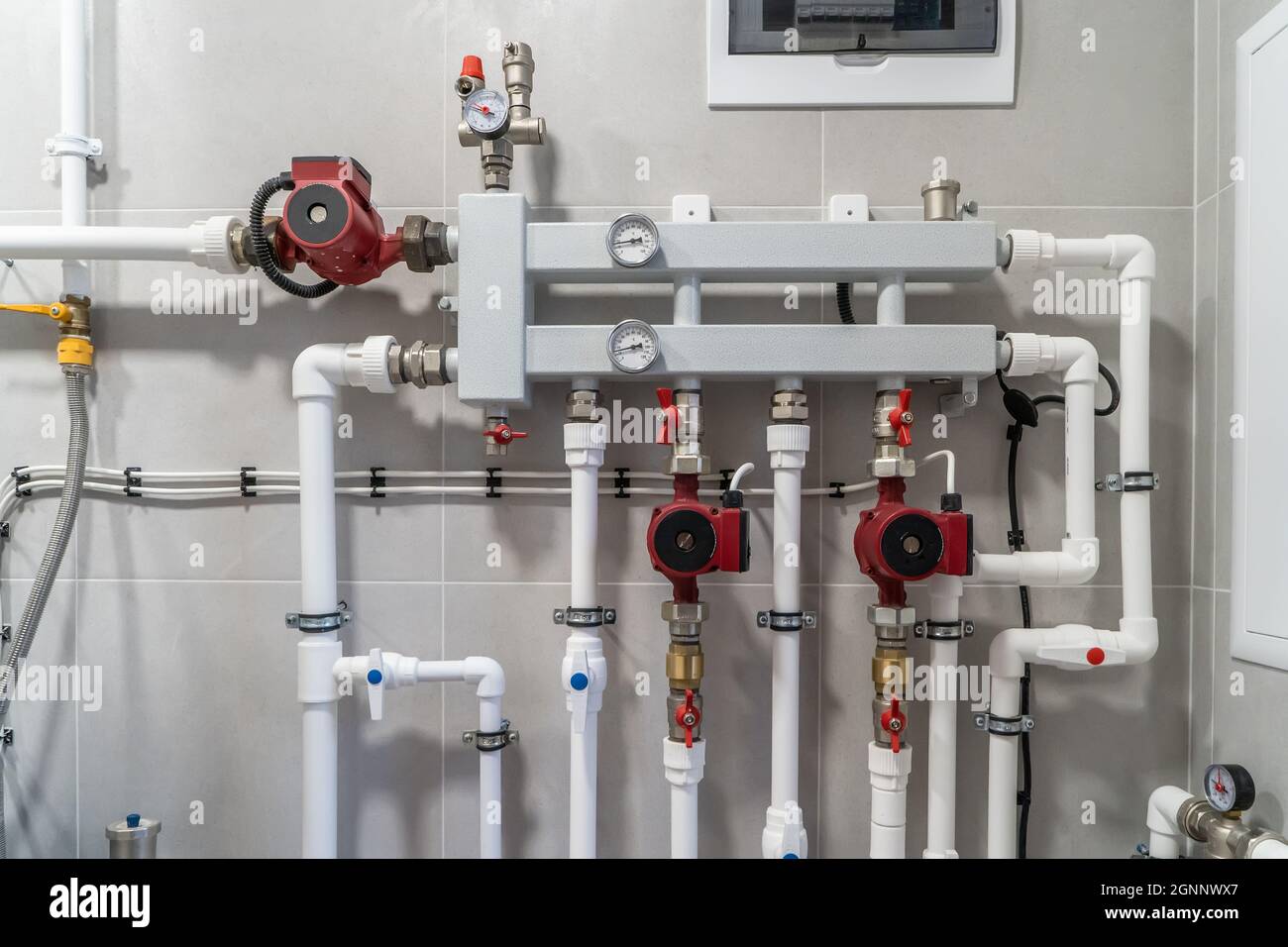 House heating system with pipes, manometers and tubes close up Stock ...