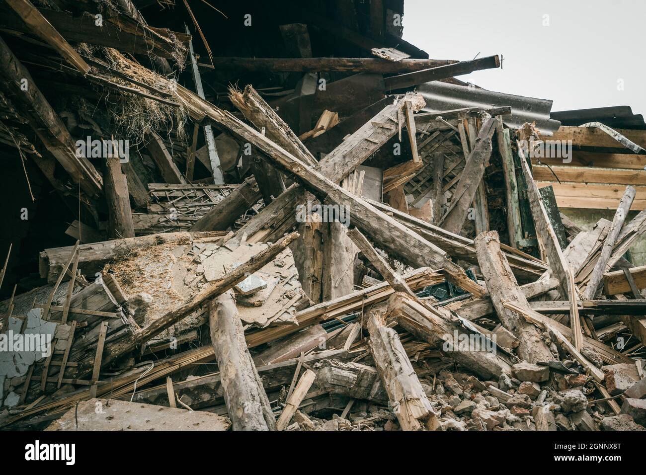 Old ruined building close up. Dismantling of house or after disaster ...