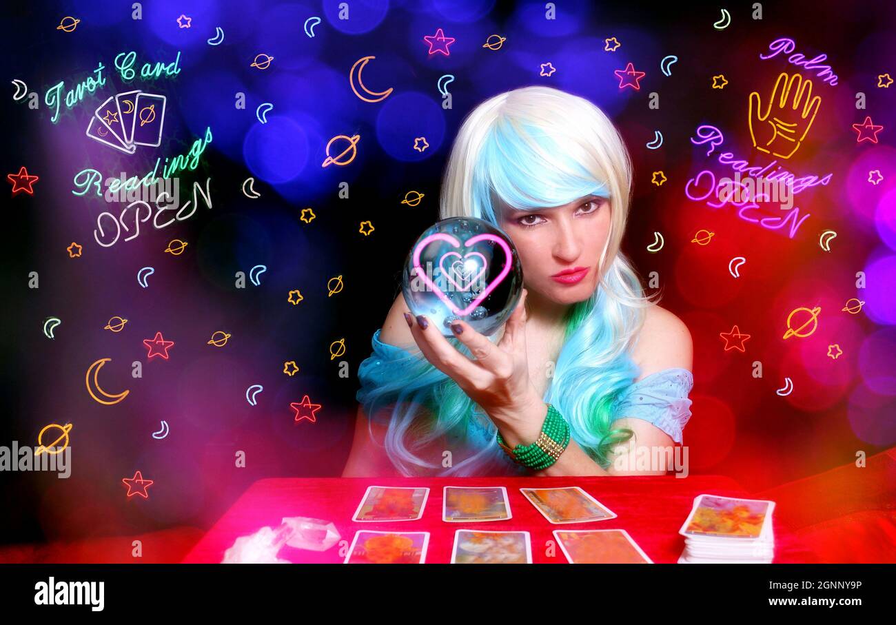 Psychic with Blond hair and Crystal Ball. Vintage Neon Lights in ...