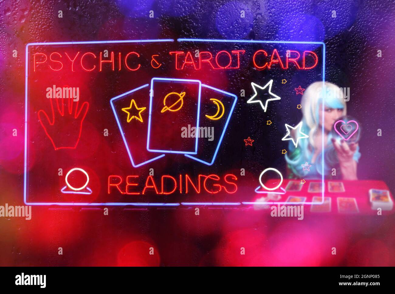 Tarot Card Readings Neon Sign in Window with Psychic Tarot Card Reader ...