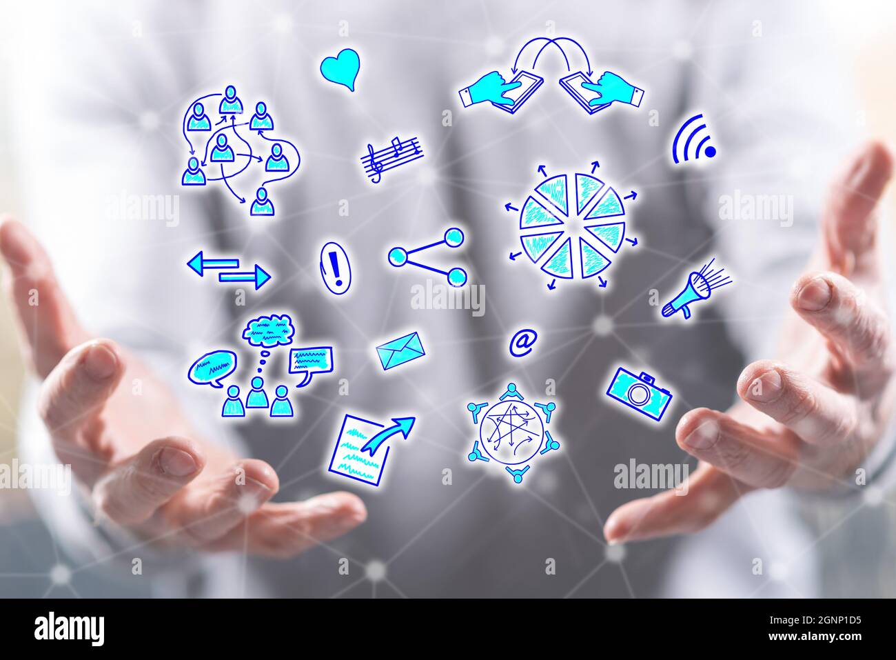 Share concept above the hands of a man in background Stock Photo - Alamy