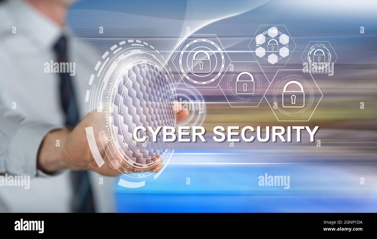 Man touching a cyber security concept on a touch screen with his finger ...