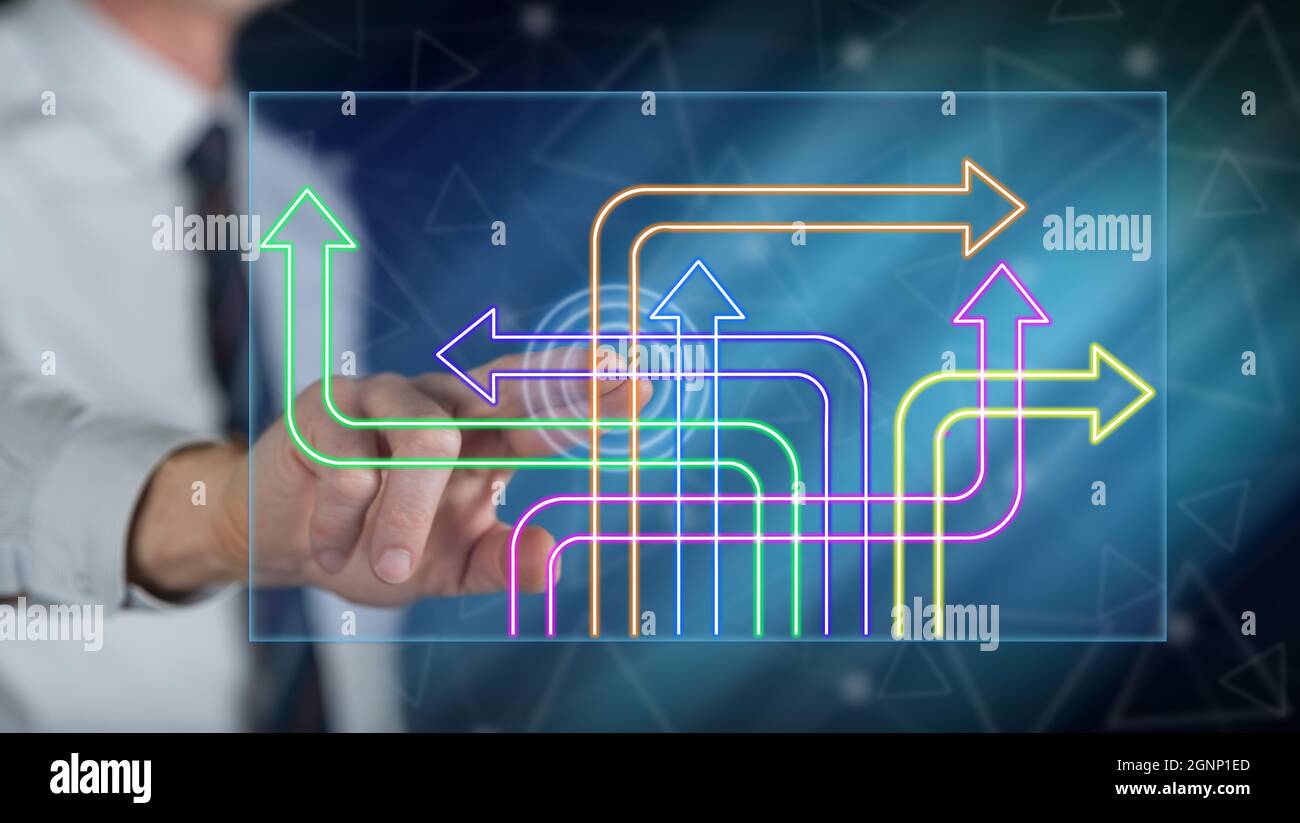 Man touching a digital decision concept on a touch screen with his ...