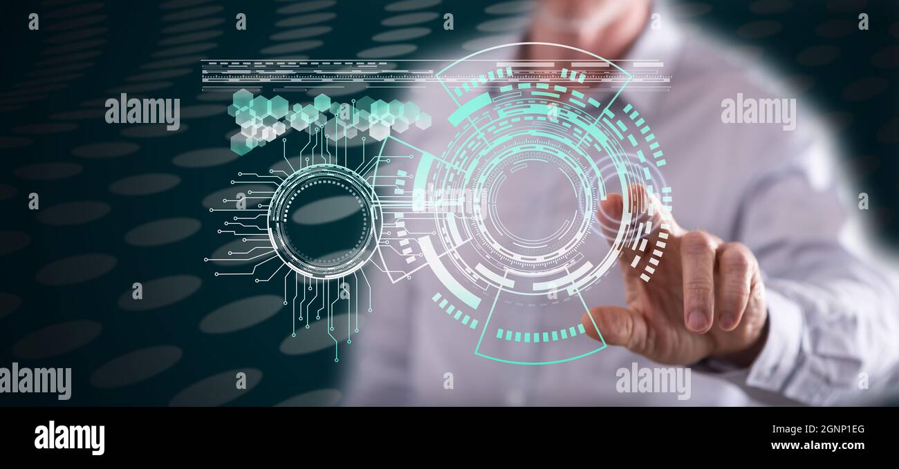 Man touching a technology concept on a touch screen with his finger ...