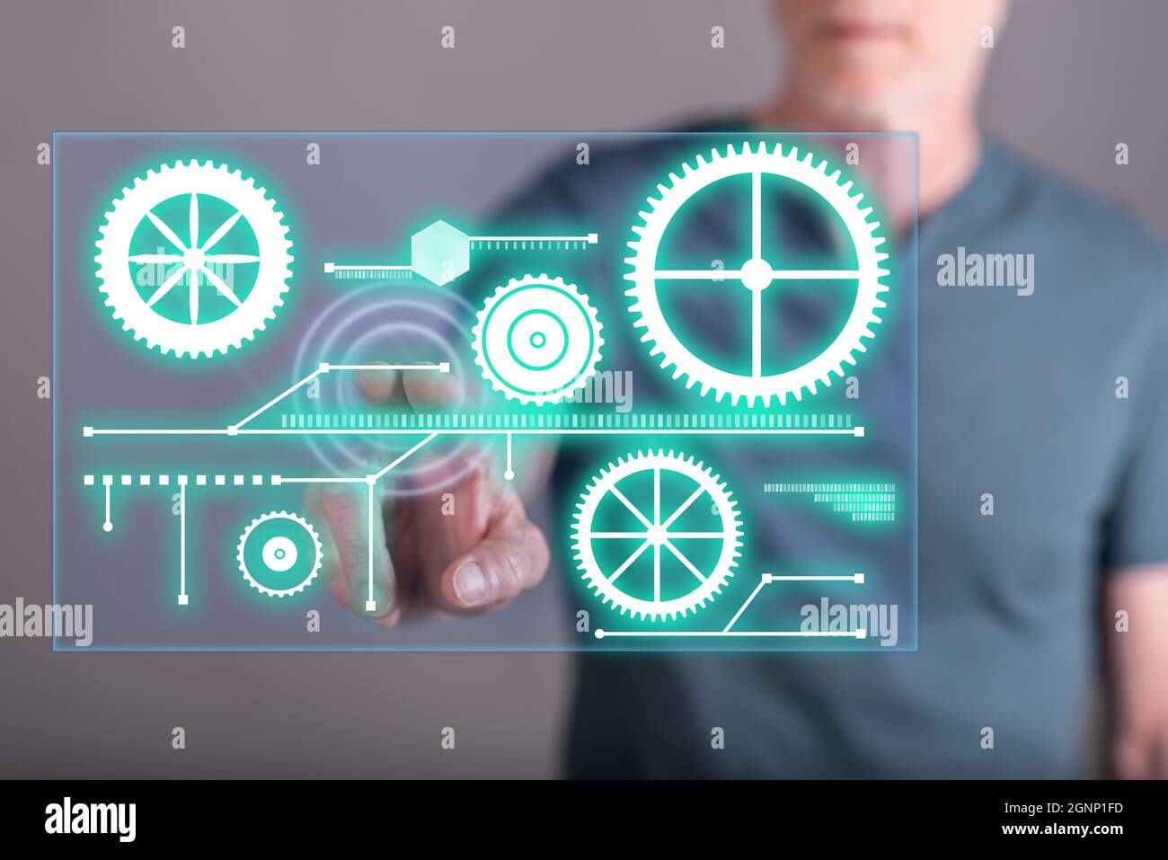 Man touching a digital technology concept on a touch screen with his ...