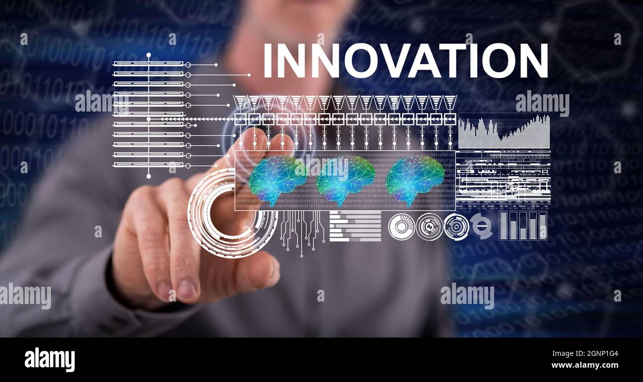 Man touching an innovation concept on a touch screen with his finger ...