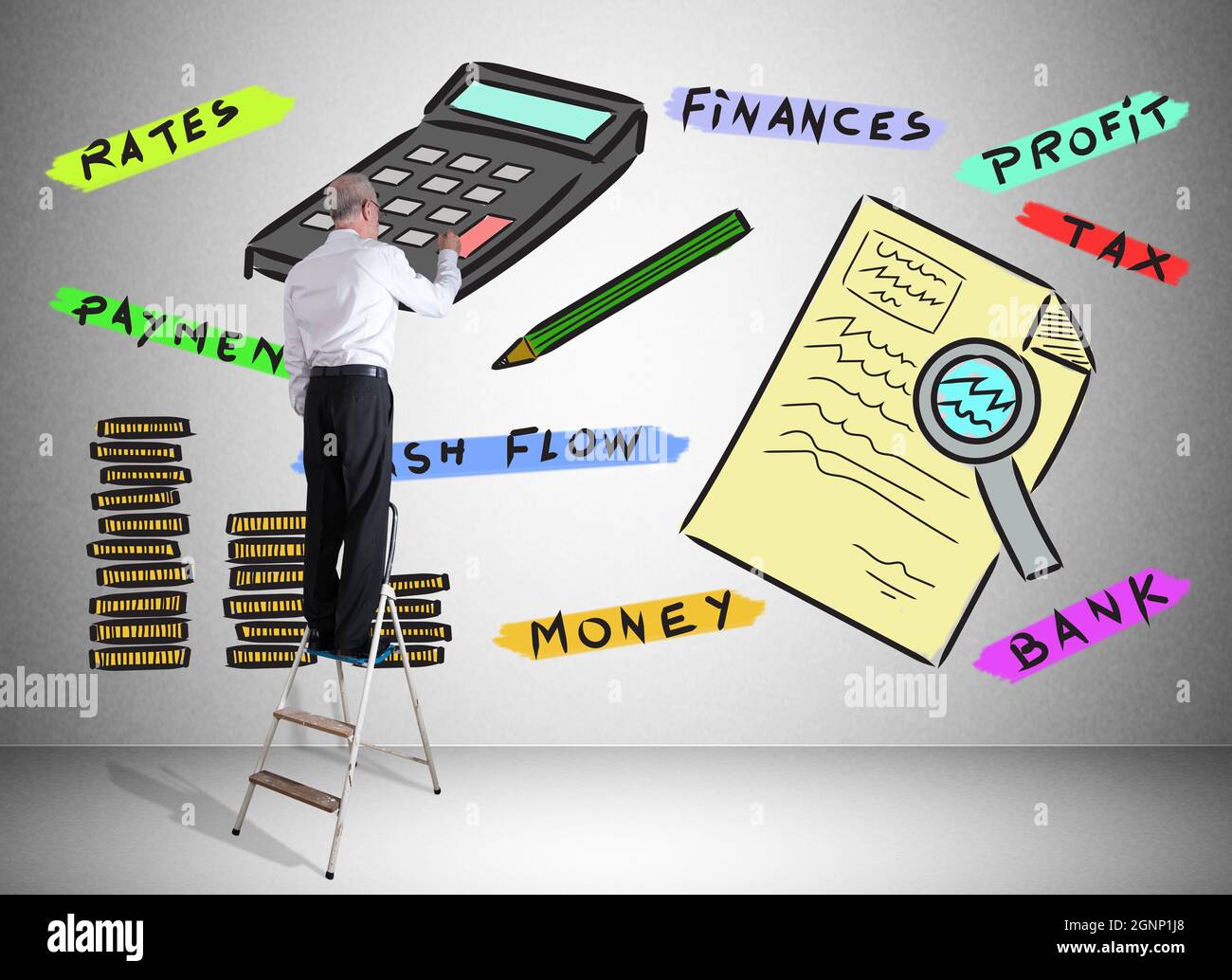 Man on a ladder drawing accounting concept on a wall Stock Photo - Alamy