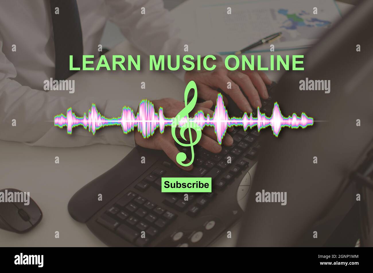 Online music lesson concept illustrated by a picture on background ...