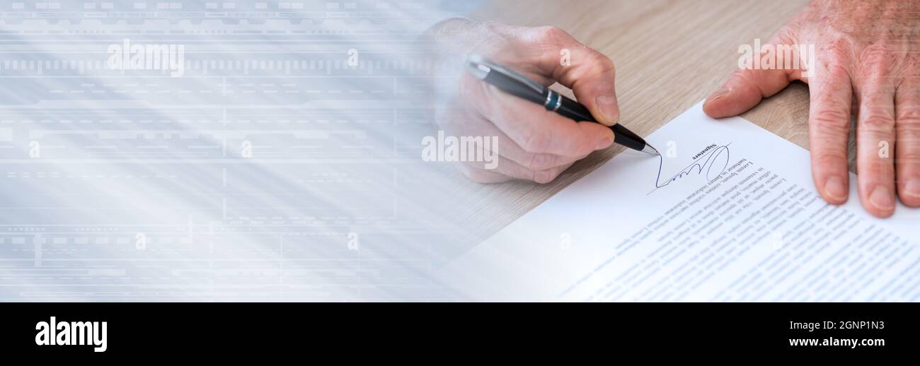 Man signing a legal document. panoramic banner Stock Photo - Alamy