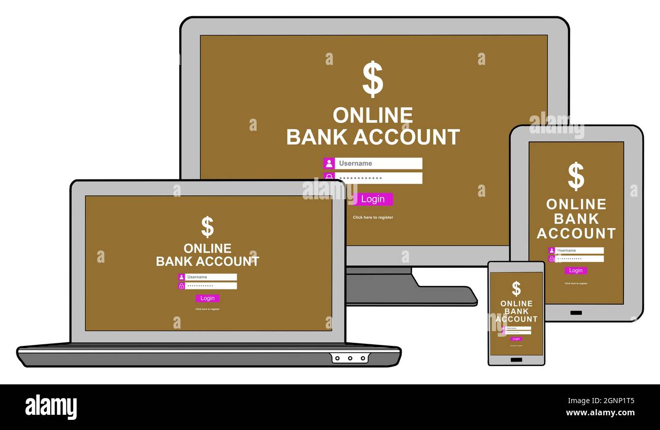 Online bank account concept shown on different information technology ...