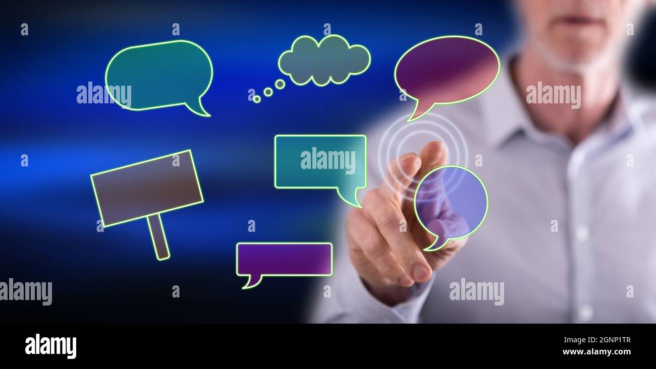 Man touching a communication concept on a touch screen with his finger ...