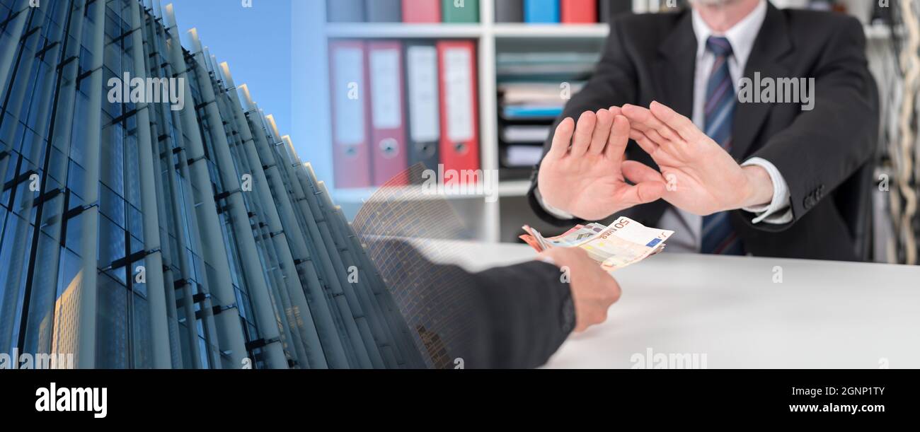Businessman refusing to take bribe; multiple exposure Stock Photo - Alamy